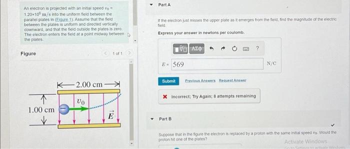 Solved An electron is projected with an initial speed v0 " | Chegg.com