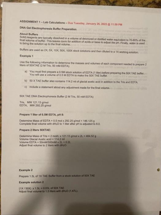 ASSIGNMENT 1 - Lab Calculations - Due Tuesday, | Chegg.com