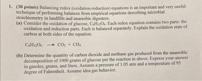 Solved 1. (30 points) Balancing redox (oxidation-reduction) | Chegg.com
