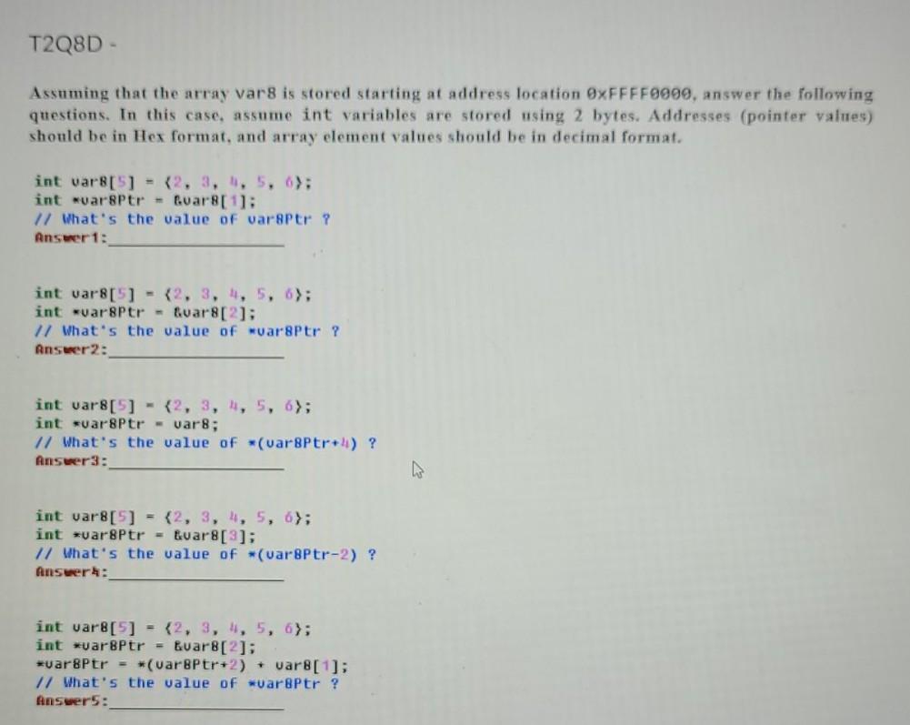 Solved T2Q8D- Assuming that the array var8 is stored | Chegg.com
