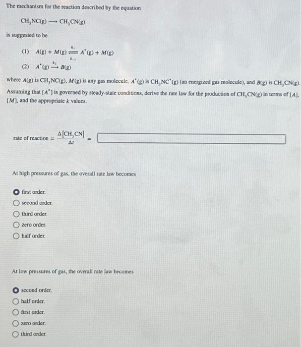 Solved The mechanism for the reaction described by the | Chegg.com