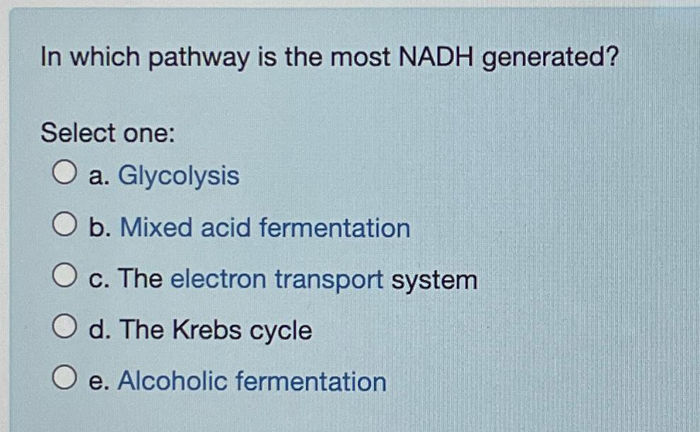 Solved In which pathway is the most NADH generated?Select | Chegg.com
