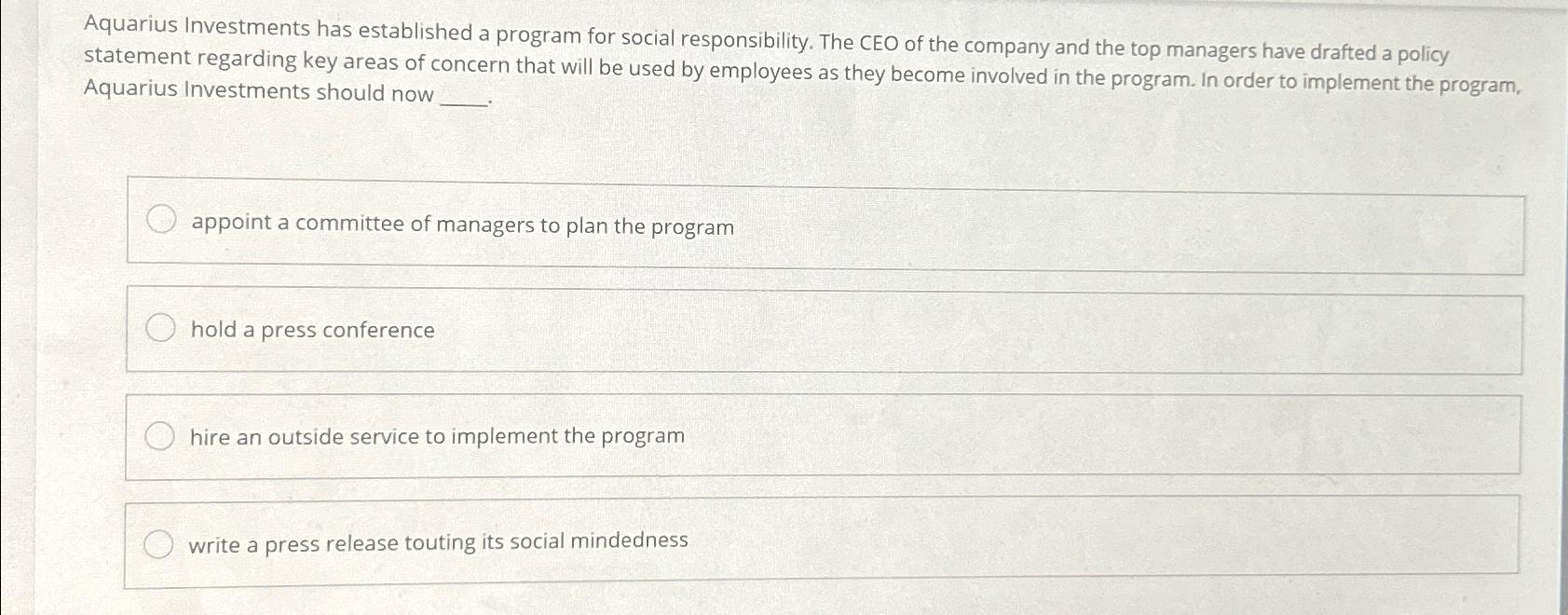 Solved Aquarius Investments has established a program for | Chegg.com