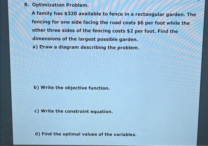 Solved 8. Optimization Problem. A family has $320 available | Chegg.com
