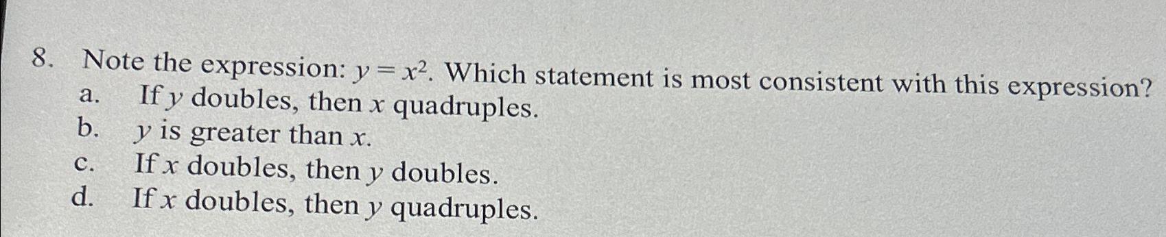 Solved Note the expression: y=x^(2). Which statement is most | Chegg.com