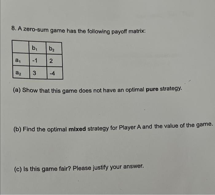 Solved 8. A zero-sum game has the following payoff matrix: | Chegg.com
