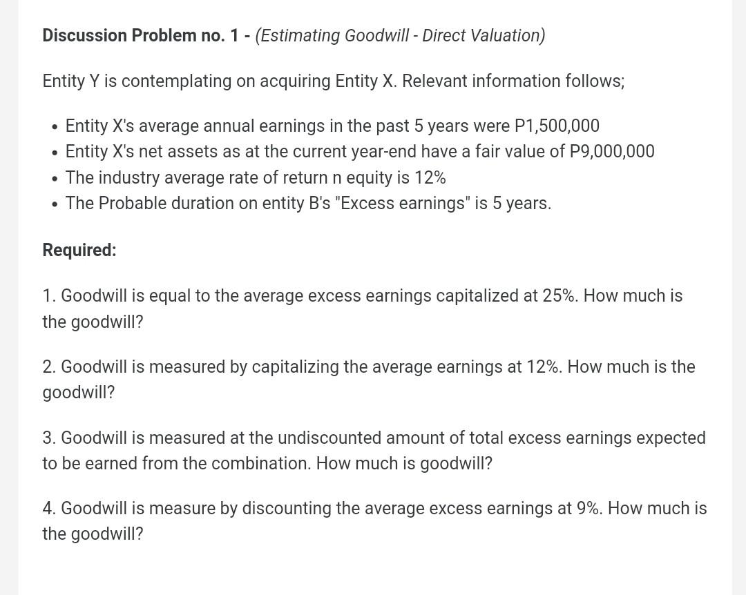 Discussion Problem no. 1 - (Estimating Goodwill - | Chegg.com