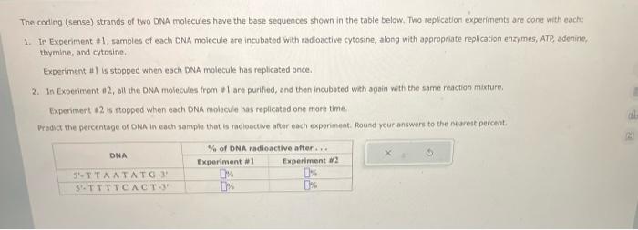 Solved The coding (sense) strands of two DNA molecules have | Chegg.com