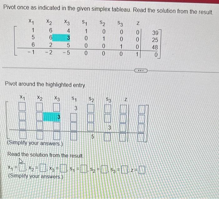 Solved Pivot once as indicated in the given simplex tableau. | Chegg.com