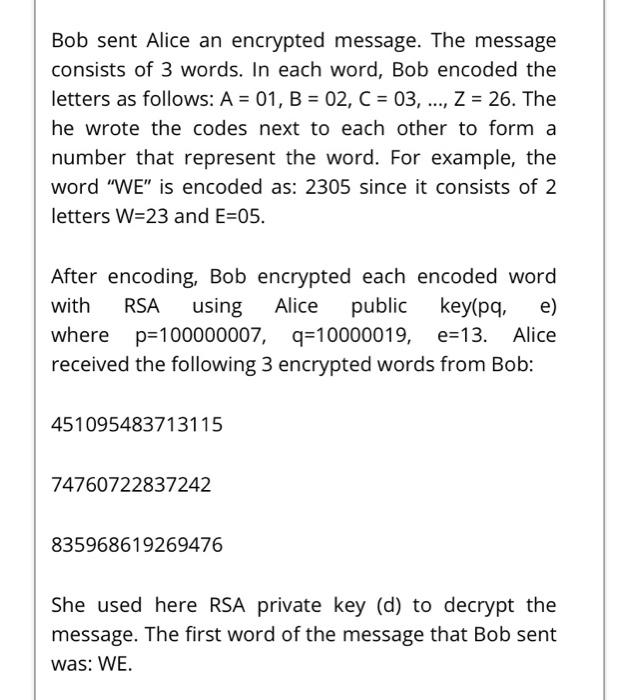 Solved Bob sent Alice an encrypted message. The message | Chegg.com