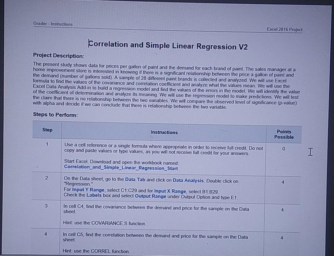 Solved Grader - Instructions Excel 2016 Project Correlation | Chegg.com