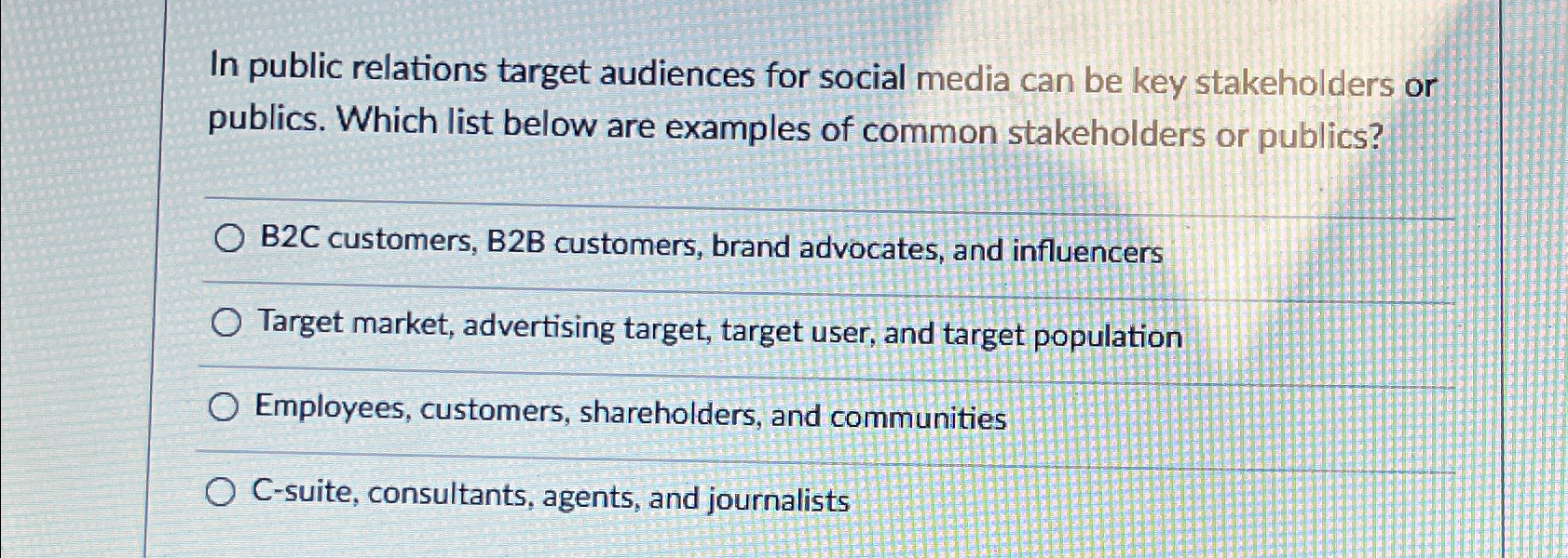 Solved In public relations target audiences for social media | Chegg.com