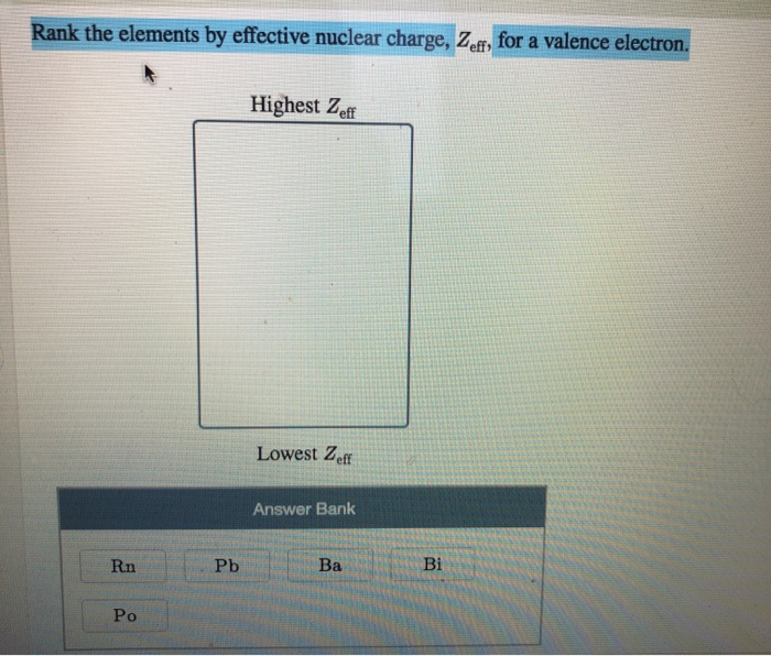 Solved Rank the elements by effective nuclear charge, Zeff, | Chegg.com