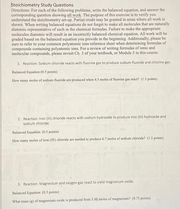 Solved Stoichiometry Study Questions Directions: For each of | Chegg.com