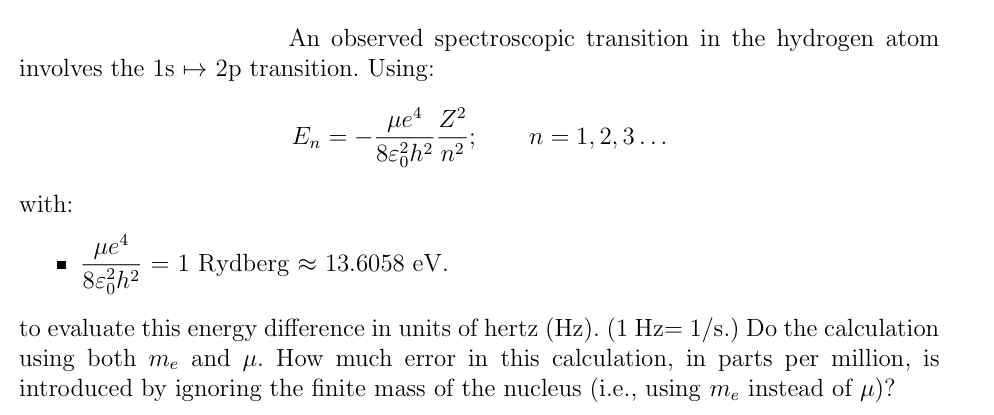 Solved An observed spectroscopic transition in the hydrogen | Chegg.com