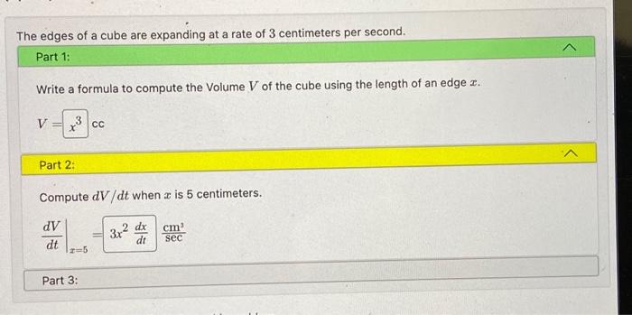 Solved The edges of a cube are expanding at a rate of 3 | Chegg.com