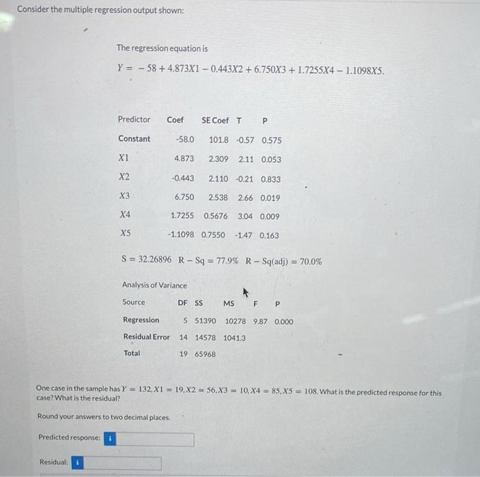 Solved Consider the multiple regression output shown: The | Chegg.com