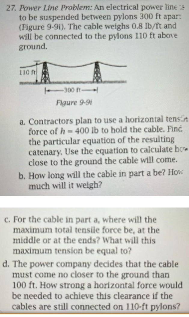 Solved 27. Power Line Problem: An electrical power line 3 to | Chegg.com