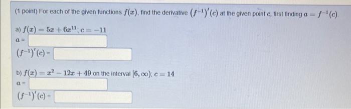 Solved (1 point) For each of the given functions f(x), find | Chegg.com