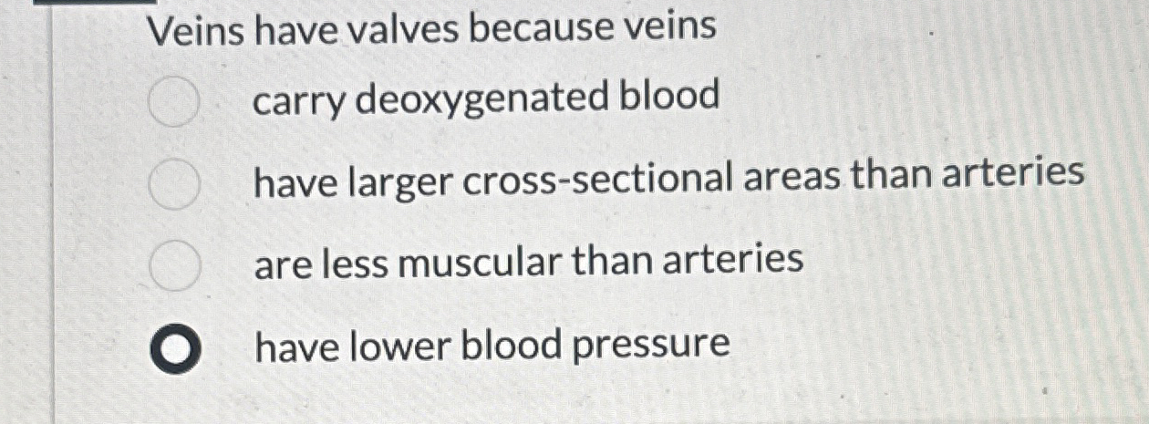 Solved Veins have valves because veinscarry deoxygenated | Chegg.com