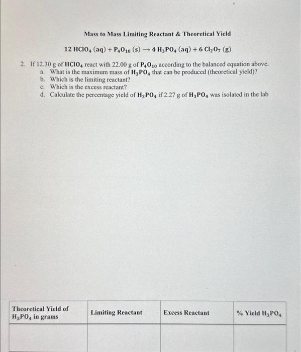 Solved Mass to Mass Limiting Reactant & Theoretical Yield 12 | Chegg.com