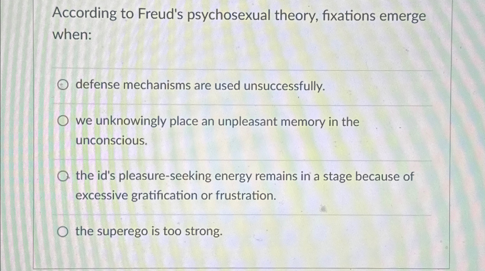 Solved According to Freud's psychosexual theory, fixations | Chegg.com