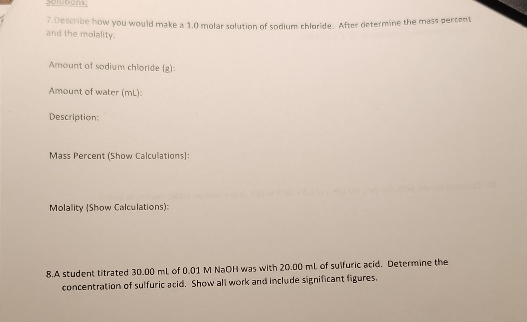 Solved 7.Describe how you would make a 1.0 molar solution of | Chegg.com