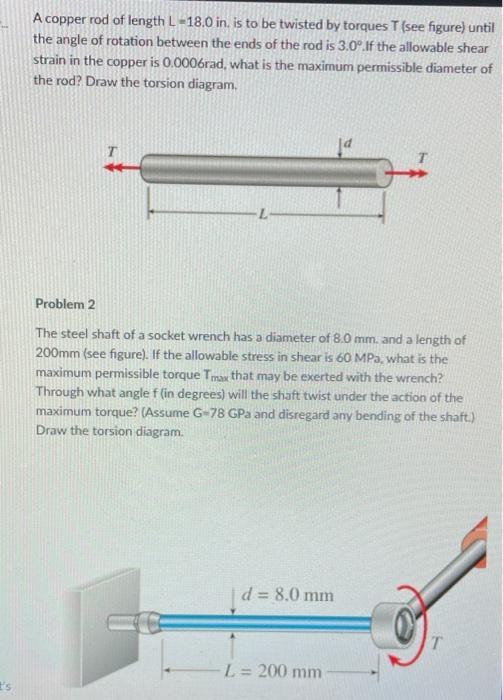 Solved A copper rod of length L -18.0 in, is to be twisted | Chegg.com