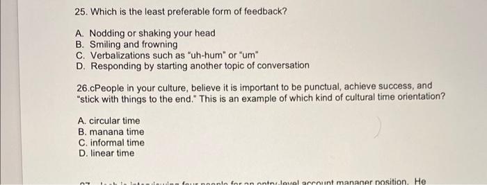 Solved 25. Which is the least preferable form of feedback? | Chegg.com