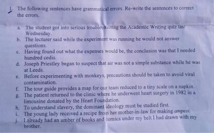 The following sentences have grammatical errors. | Chegg.com