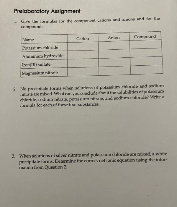 Solved Prelaboratory Assignment 1. Give the formulas for the | Chegg.com