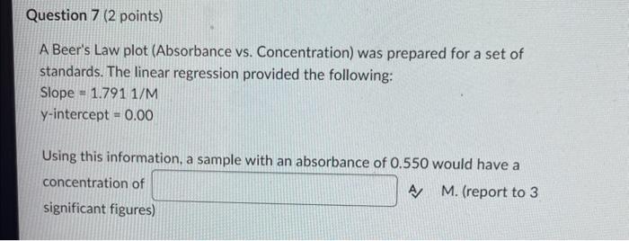 Solved A Beer's Law plot (Absorbance vs. Concentration) was | Chegg.com