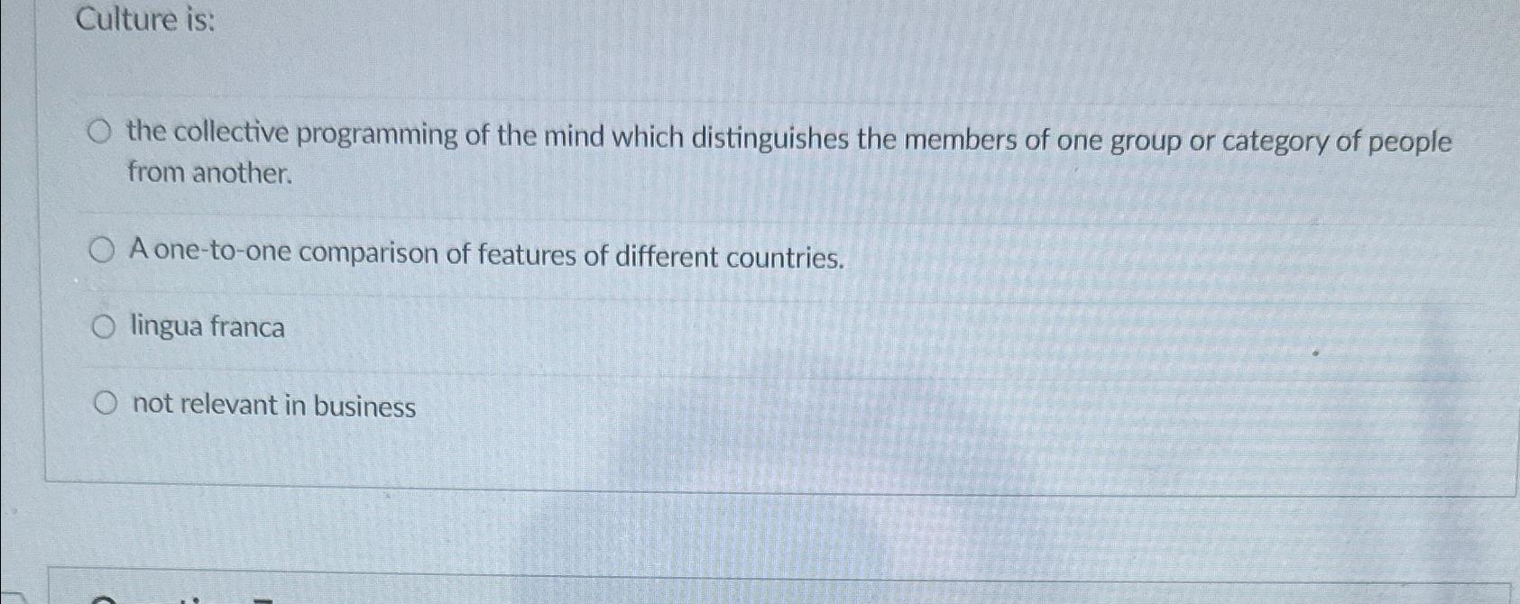 Solved Culture is:the collective programming of the mind | Chegg.com