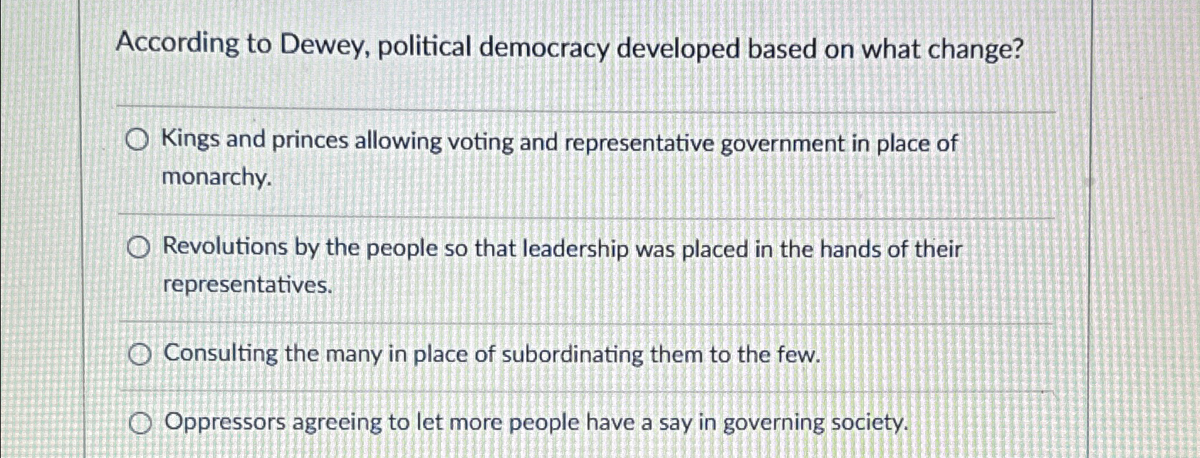 Solved According to Dewey, political democracy developed | Chegg.com
