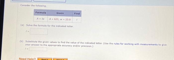 Solved Consider the following. Formula 1= A = /w Given (a) | Chegg.com