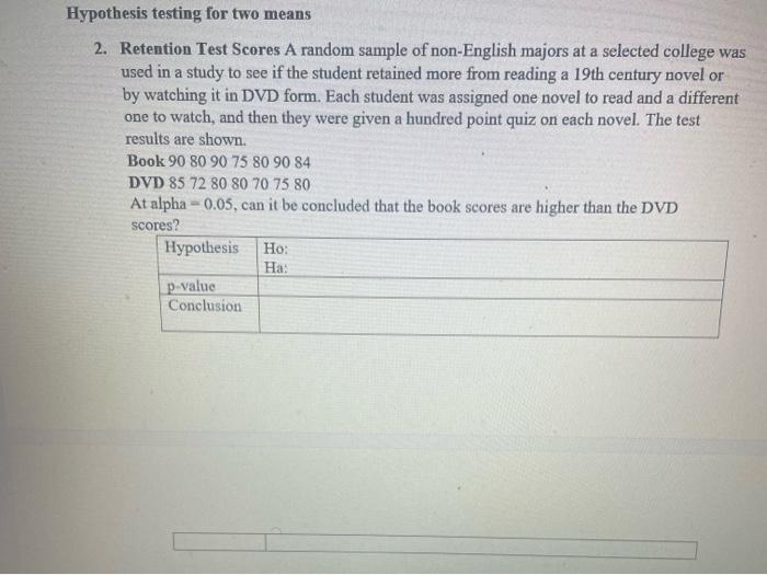 Solved Hypothesis testing for two means 2. Retention Test | Chegg.com
