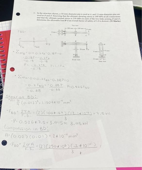 Solved 1- In the structure shown, a 10-mm-diameter pin is | Chegg.com