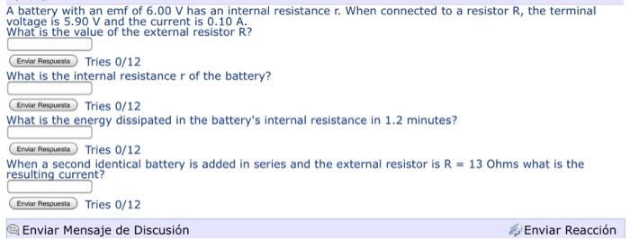 A battery with an emf of 6.00 V has an internal | Chegg.com