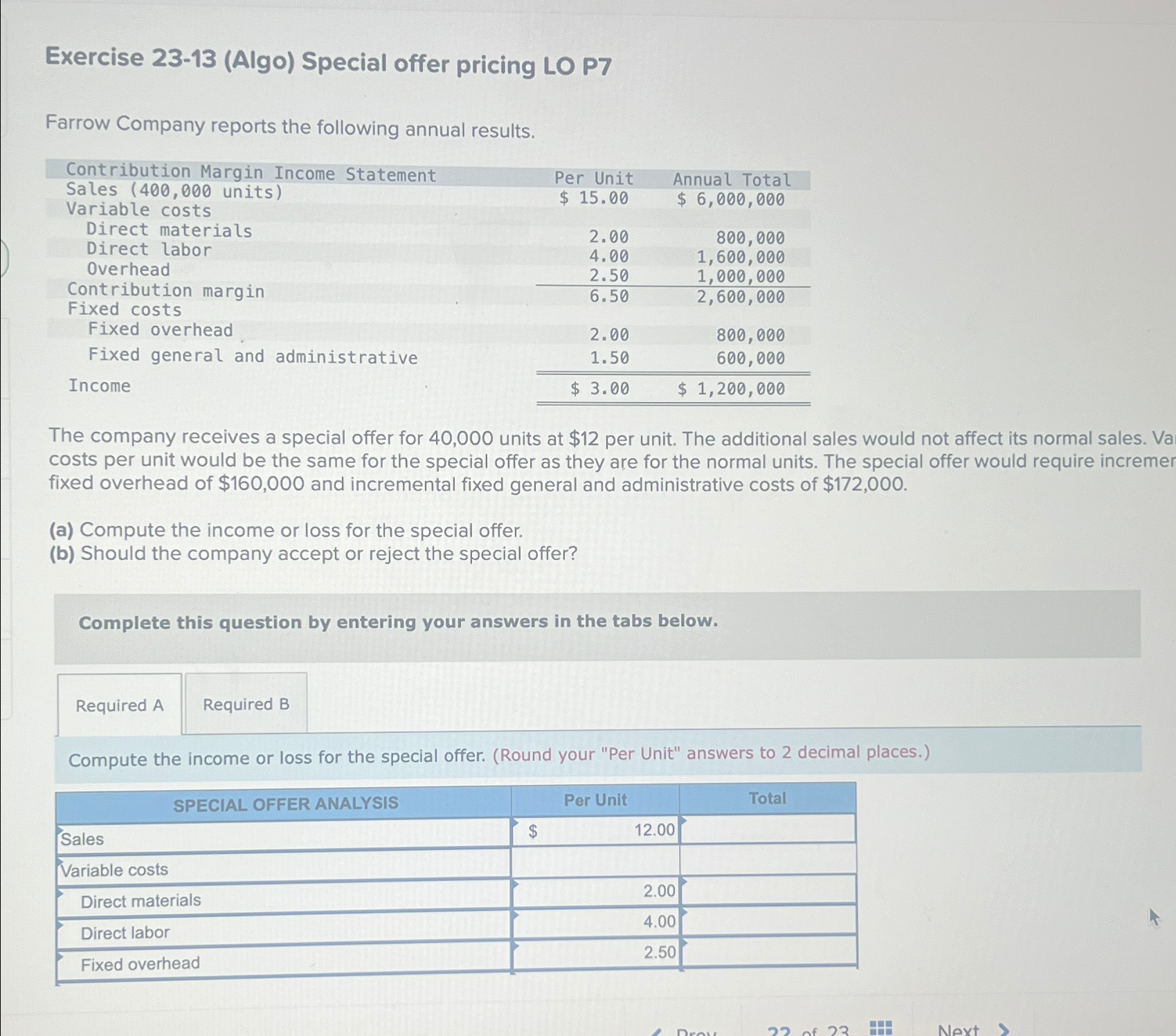 Solved Exercise 23-13 (Algo) ﻿Special offer pricing LO | Chegg.com