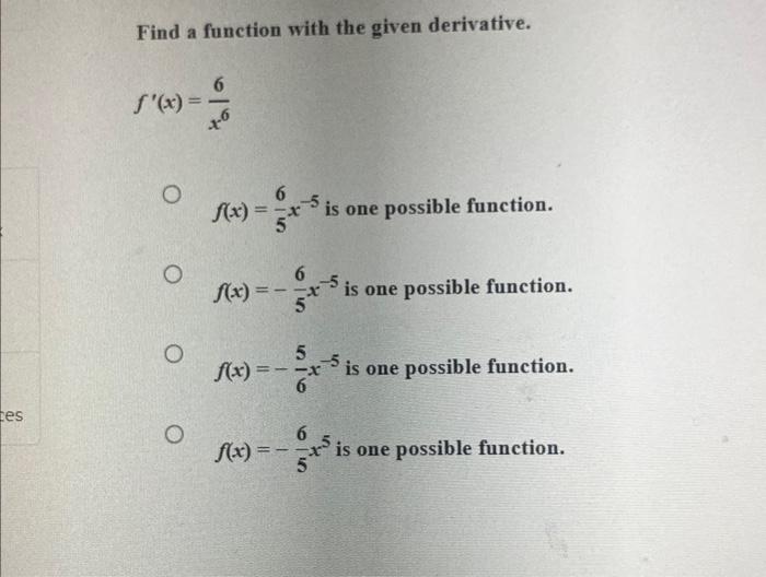 Solved Find a function with the given derivative. f′(x)=x66 | Chegg.com