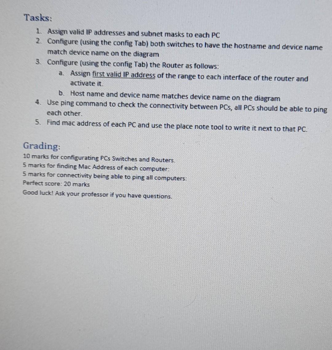 Solved Tasks: 1. Assign valid IP addresses and subnet masks | Chegg.com