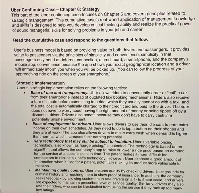 Solved Uber Continuing Case-Chapter 6: Strategy This part of | Chegg.com