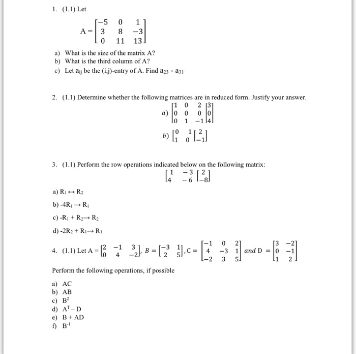 Solved 1. (1.1) Let 1-5 0 11 A= 3 8 -31 lo 11 13] a) What is | Chegg.com