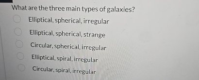 Solved What are the three main types of galaxies?Elliptical, | Chegg.com