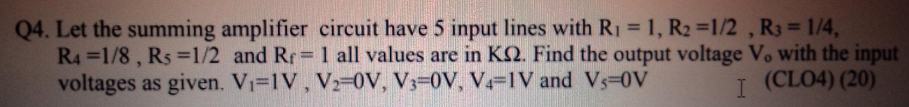 Solved Q4. Let the summing amplifier circuit have 5 input | Chegg.com