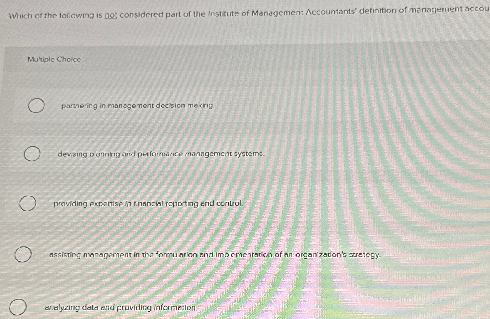 Solved Which of the following is not considered part of the | Chegg.com