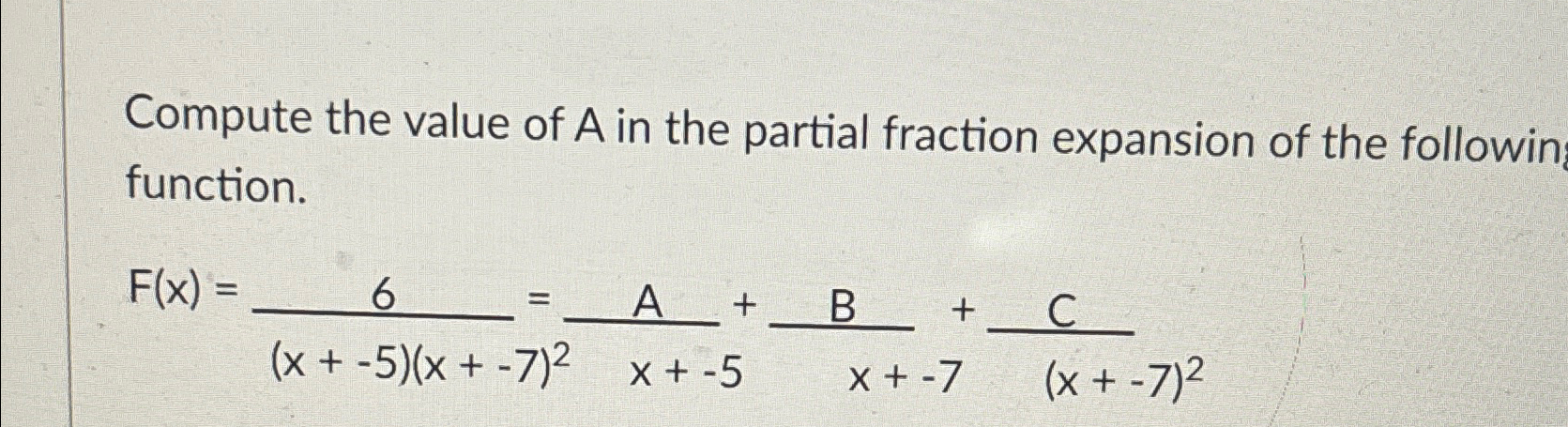 Compute the value of A ﻿in the partial fraction | Chegg.com