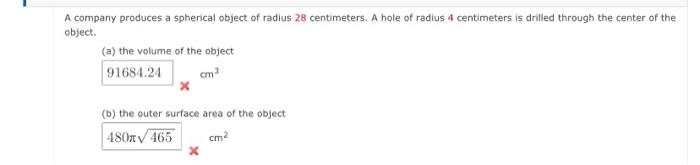 Solved A company produces a spherical object of radius 28 | Chegg.com