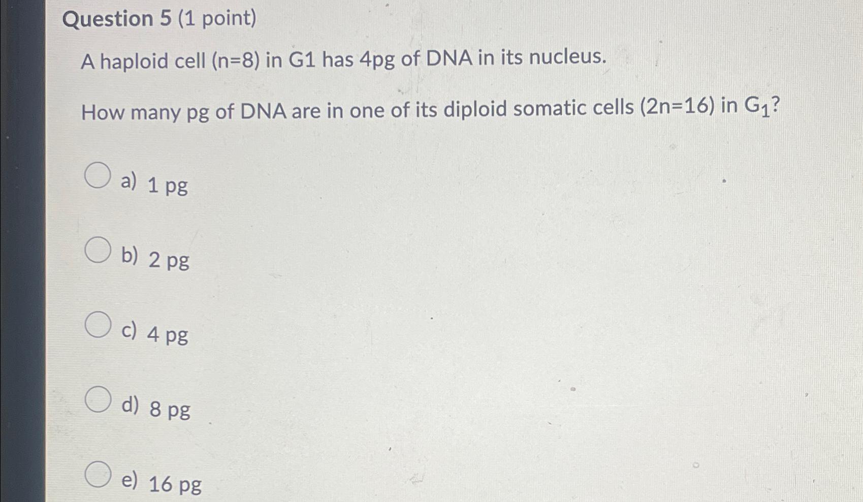 Solved Question 5 (1 ﻿point)A haploid cell )=(8 ﻿in G1 ﻿has | Chegg.com | Chegg.com