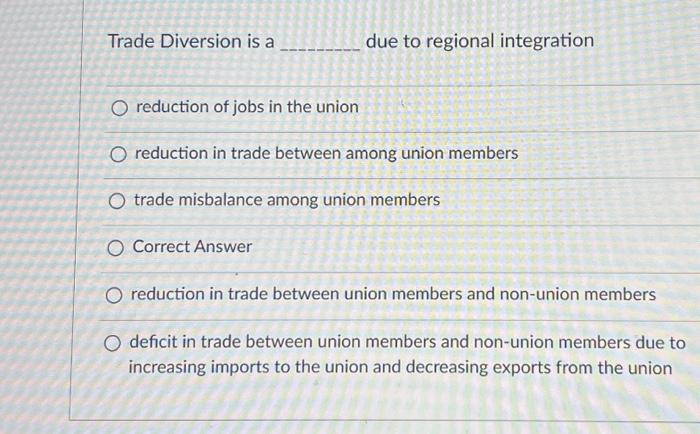 Solved Trade Diversion is a due to regional integration | Chegg.com